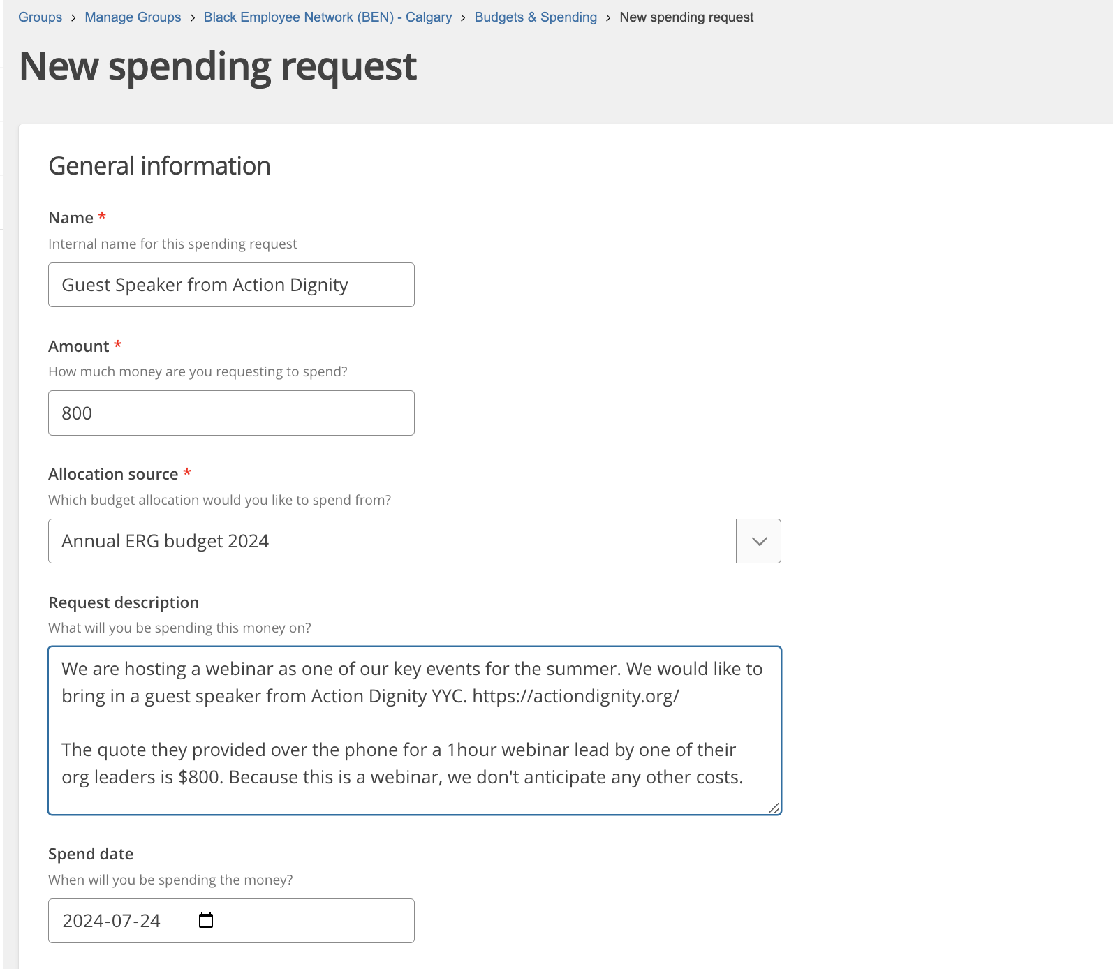 Creating spending requests – B-Hive