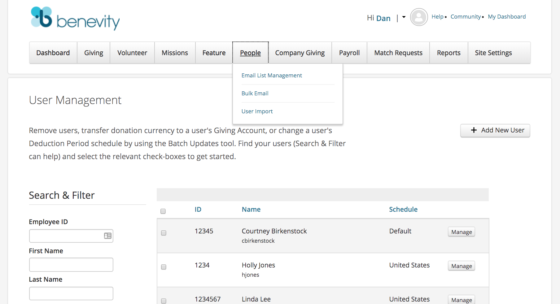 Seeding a user giving account – B-Hive